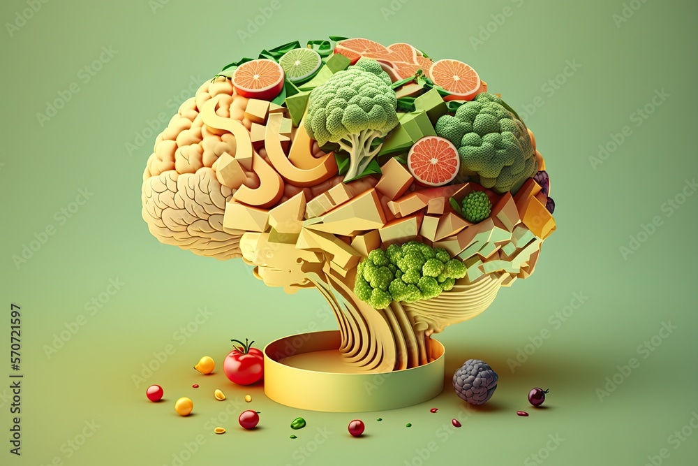 Food in a shape of a brain on a green background. Nutrition concept ...