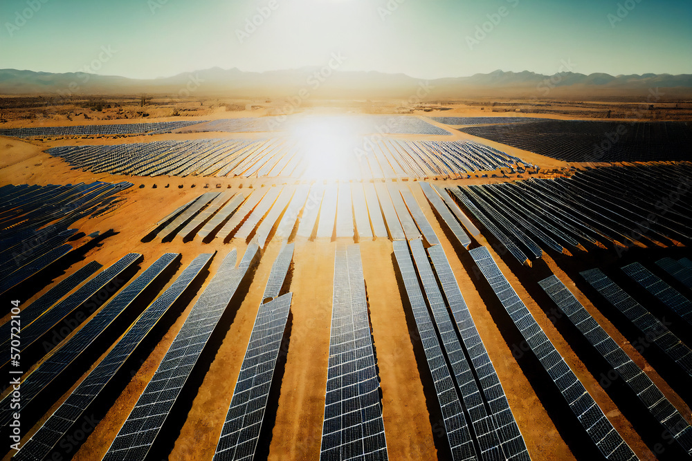 Solar panels grid in solar farm. Day in the Desert. Power green energy ...