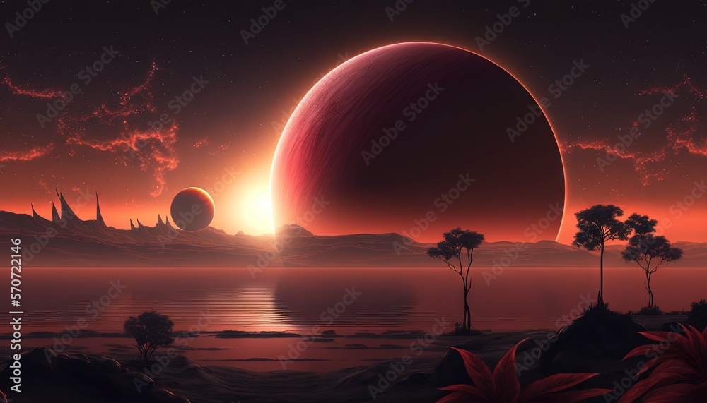 a painting of a red planet with a red sky and some trees in the ...