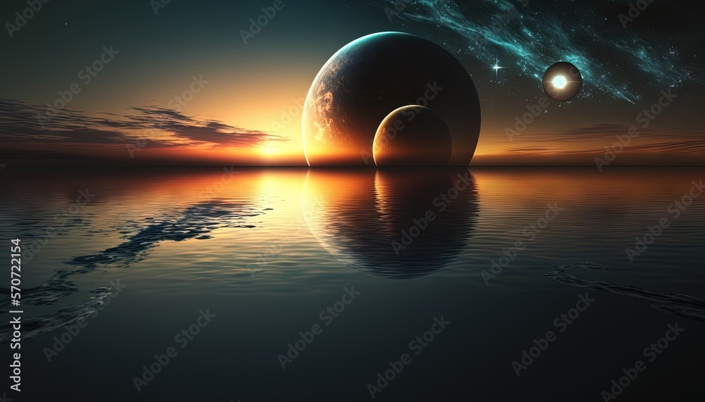 a picture of two planets in the sky with a reflection in the water and ...