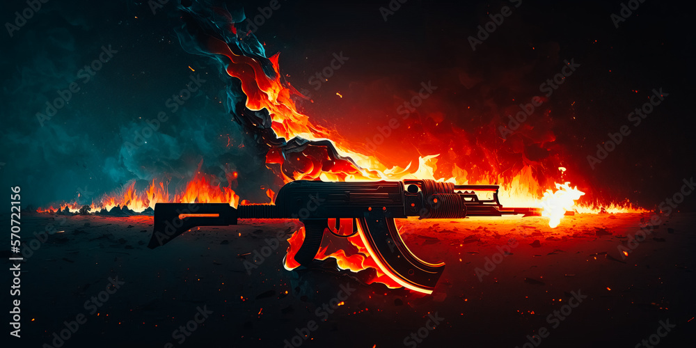 The blazing fire illuminates the iconic silhouette of an AK-47 ...