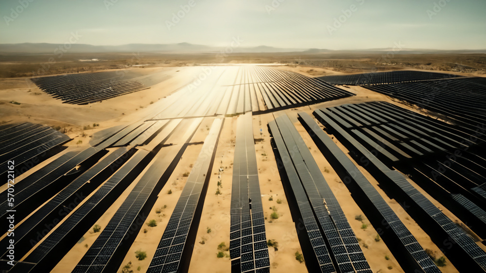 Solar panels grid in solar farm. Day in the Desert. Power green energy ...