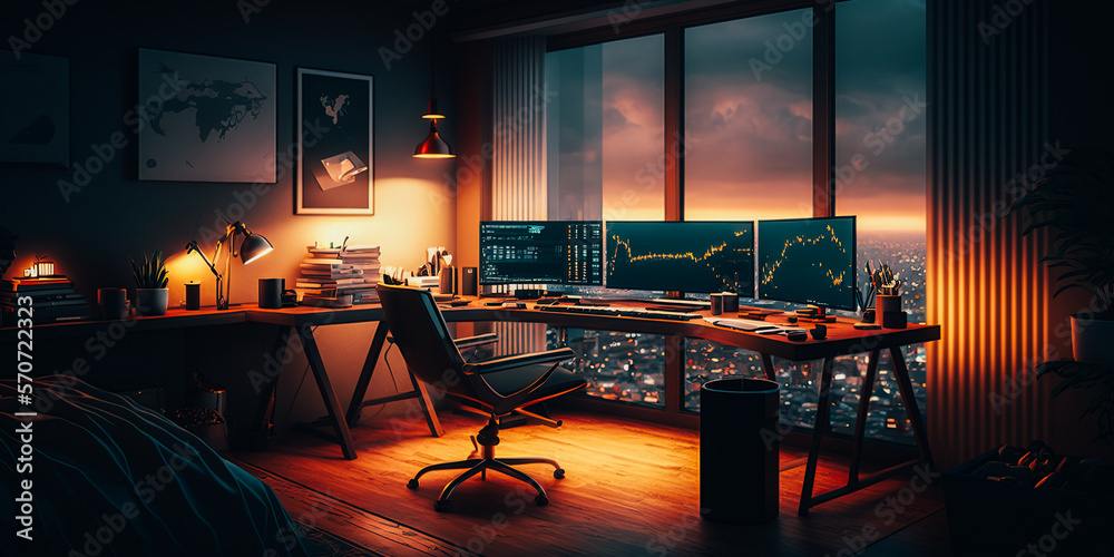 A high-end trading desk situated in a luxurious apartment, illuminated ...