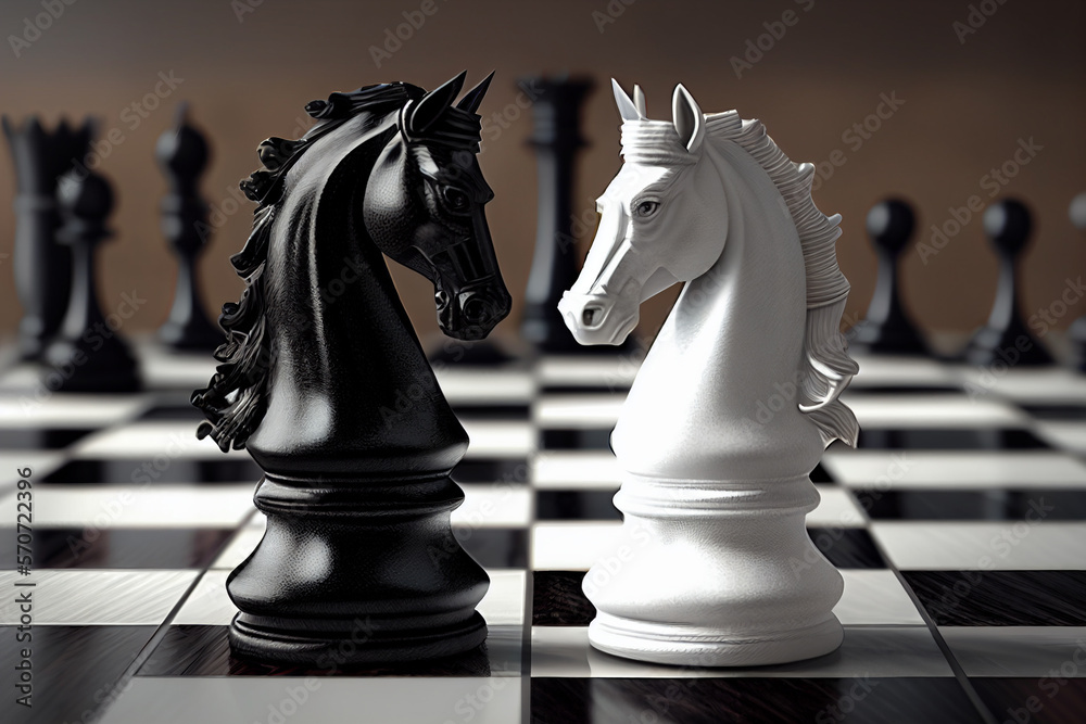 Chess pieces on a chess board close up, white and black, horse queen ...