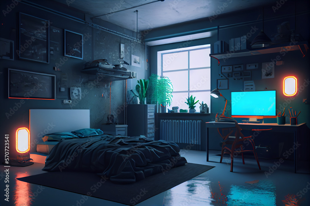 Room cyberpunk. Bedroom. Render, blender, 3d, octane. Stock ...