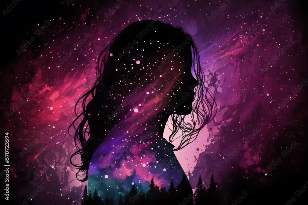 Space purple background. Silhouette of a girl with galaxy on the ...
