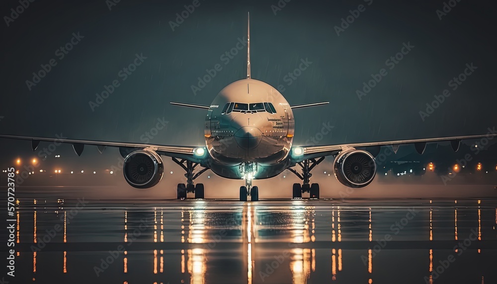 a large jetliner sitting on top of an airport tarmac at night with ...