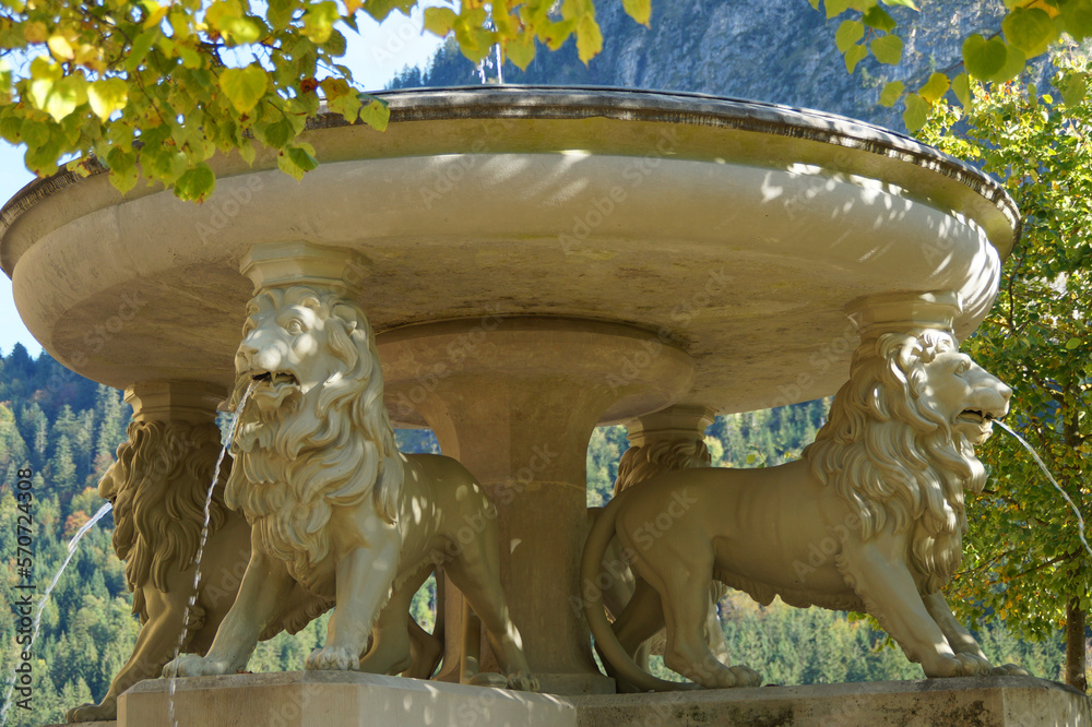 beautiful water fountain with royal Bavarian lions in the garden of ...