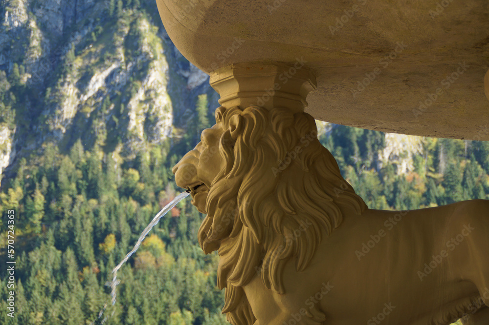 beautiful water fountain with royal Bavarian lions in the garden of ...
