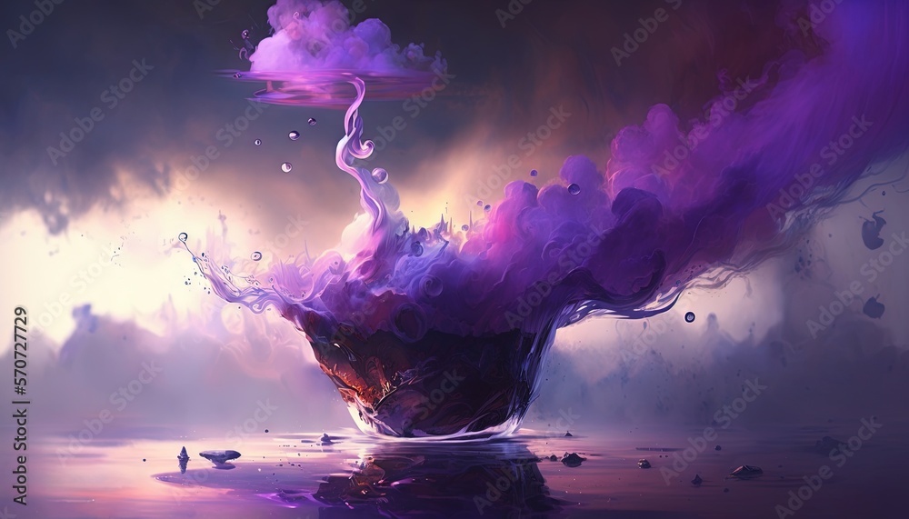 a painting of a purple substance floating in the water with a dark sky ...