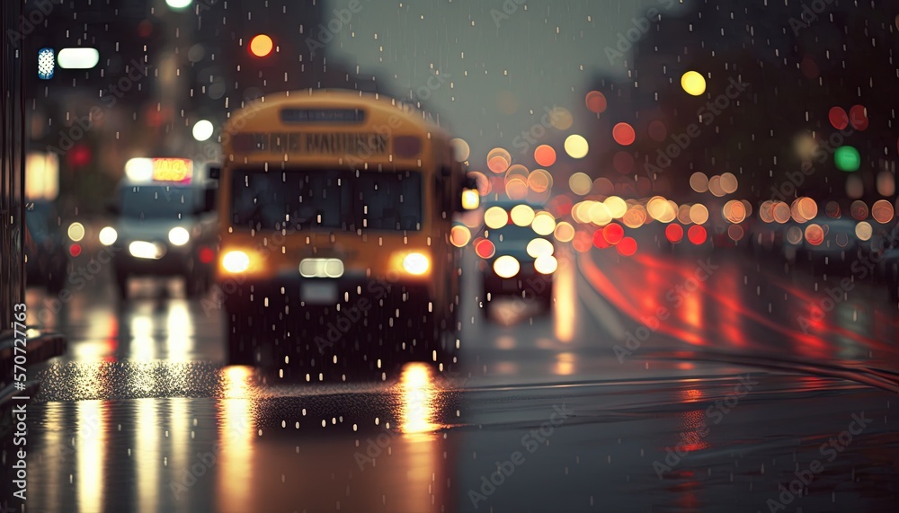 a bus driving down a rain soaked street at night with traffic lights in ...