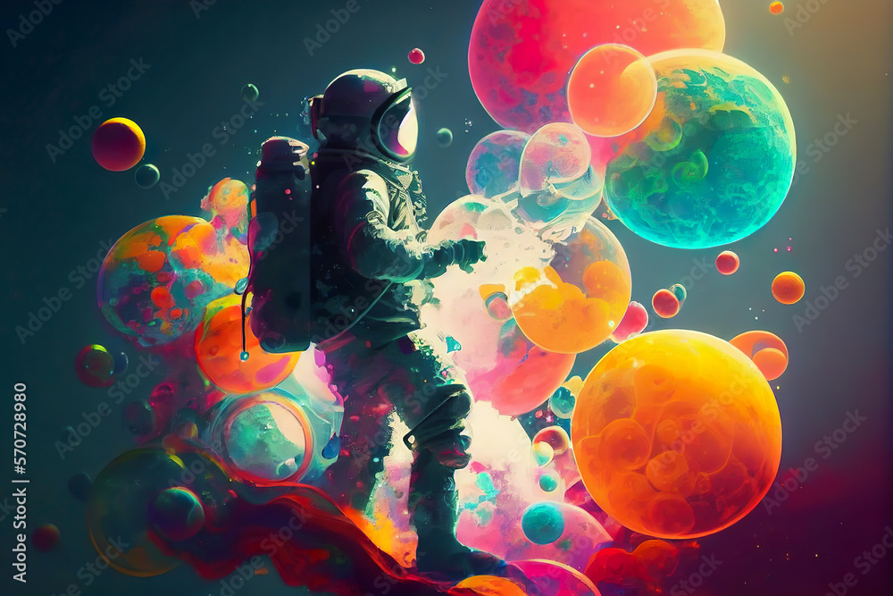 Colourful spray paint art space scene of an astronaut in deep coloured ...