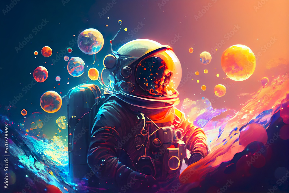 Colourful spray paint art space scene of an astronaut in deep coloured ...
