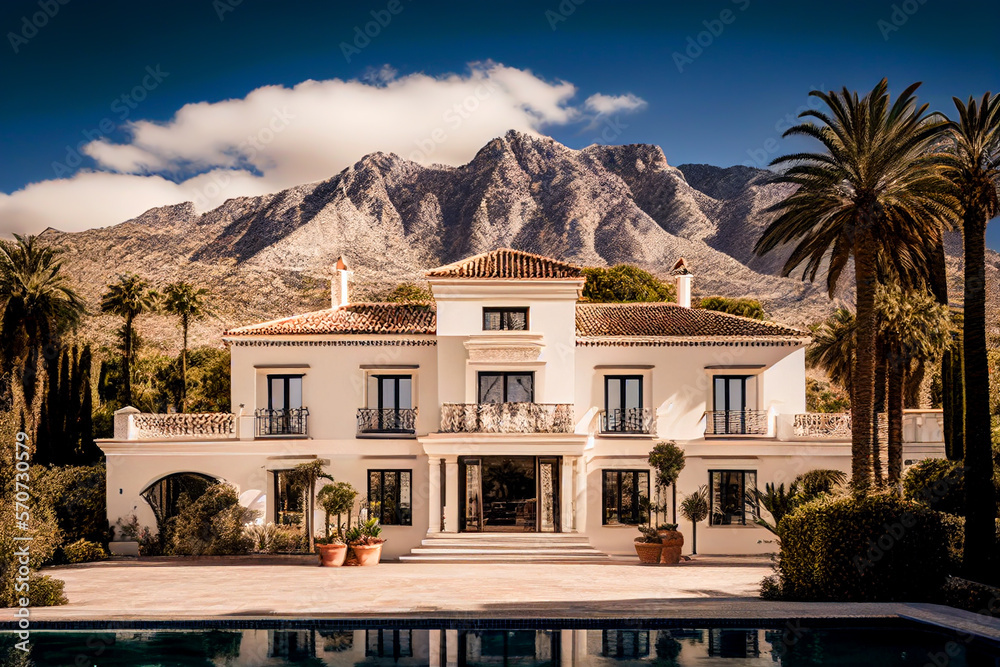 Luxury Villa exterior with swimming pool. Green garden and palm trees ...