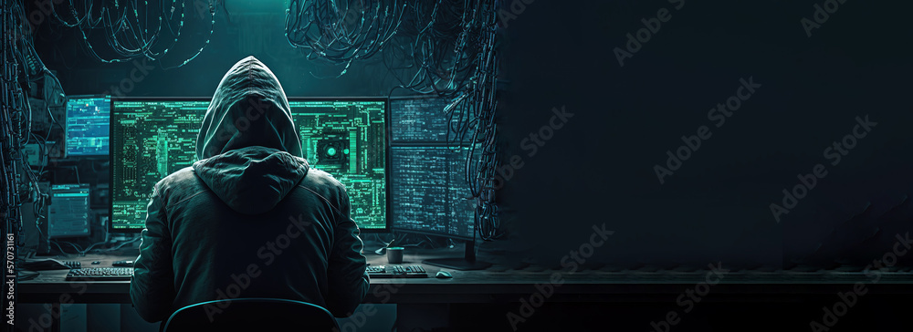 Digital crime by an anonymous hacker in front of his computer committing digital cyber crime ...