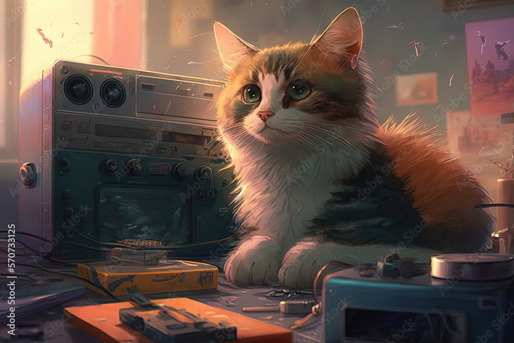 cute and adorable lofi cat enjoying music, 3:2 aspect ratio Stock ...