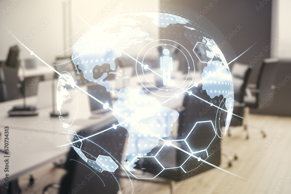 Virtual social network hologram and world map on a modern furnished ...