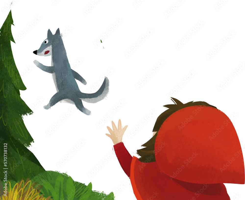 cartoon scene with wolf and little girl in red hood illustration for ...