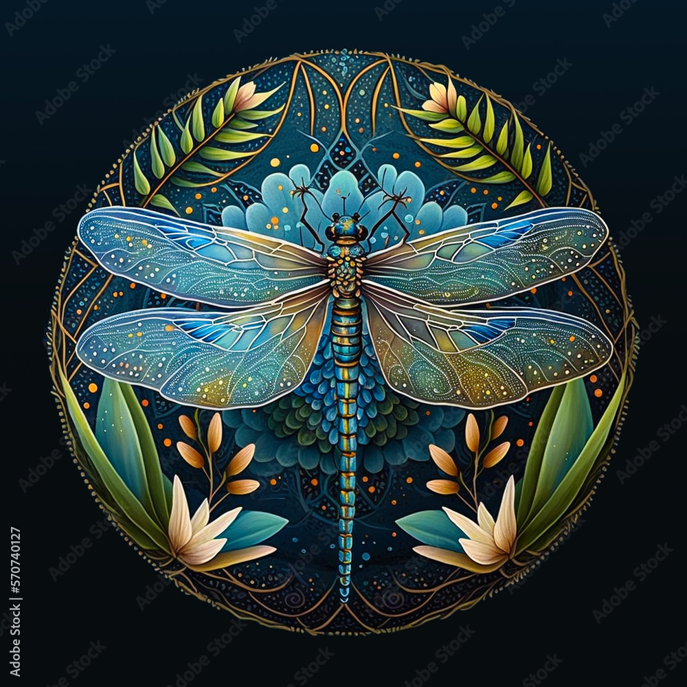 Colorful, detailed dragonfly mandala art on a black background. Created ...