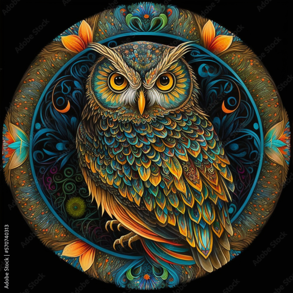 Colorful owl mandala art on a black background. Created with Generative ...