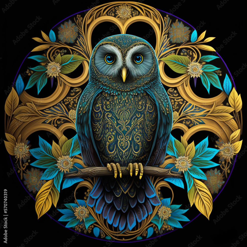 Colorful owl mandala art on a black background. Created with Generative ...
