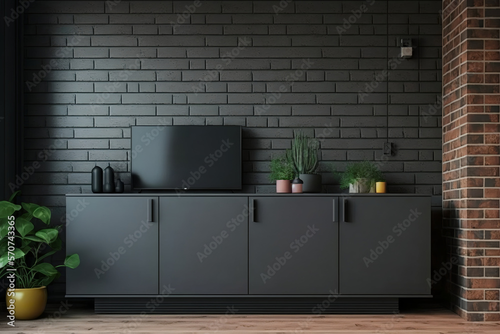 A modern, minimalistic living room interior featuring a sleek dark gray ...