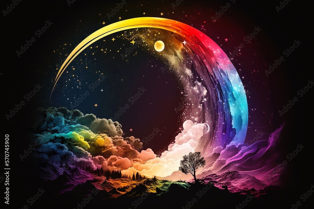 Magical night background with full moon, beautiful rainbow at starry ...