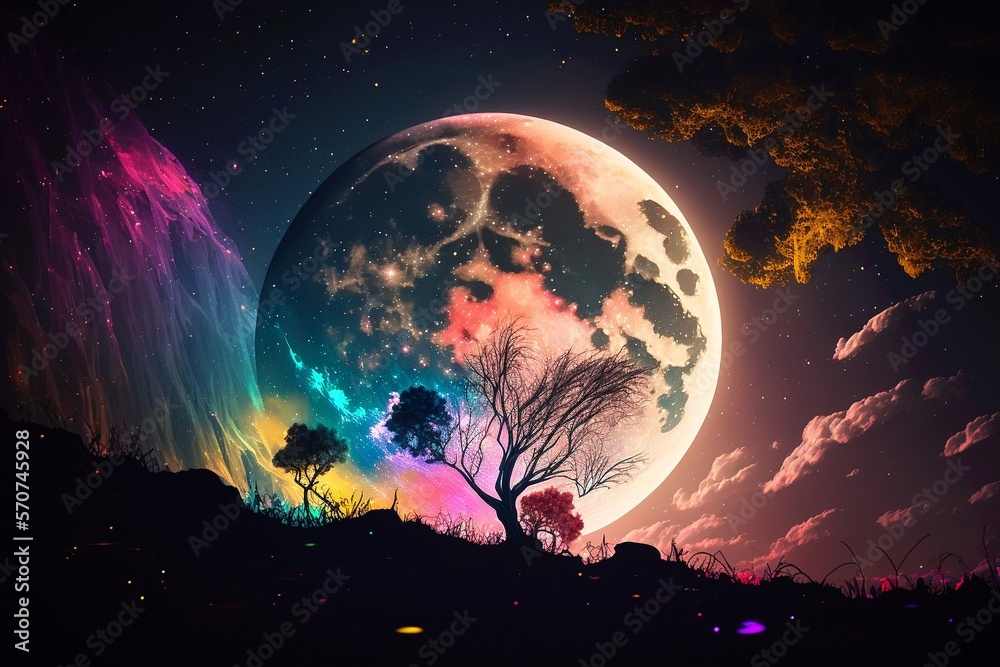 Magical night background with full moon, beautiful rainbow at starry ...
