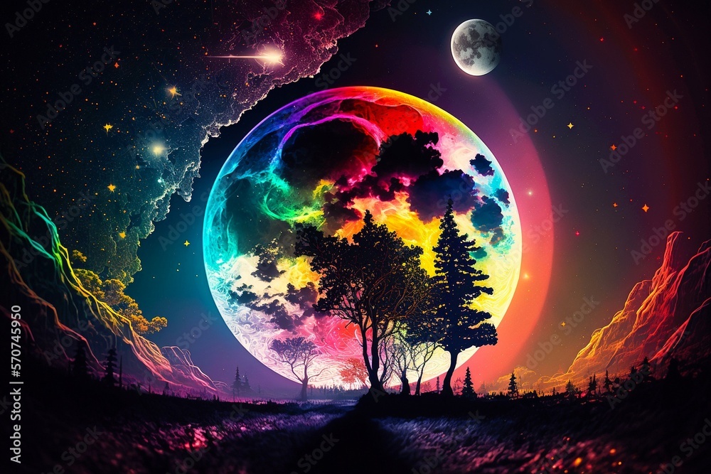 Magical night background with full moon, beautiful rainbow at starry ...