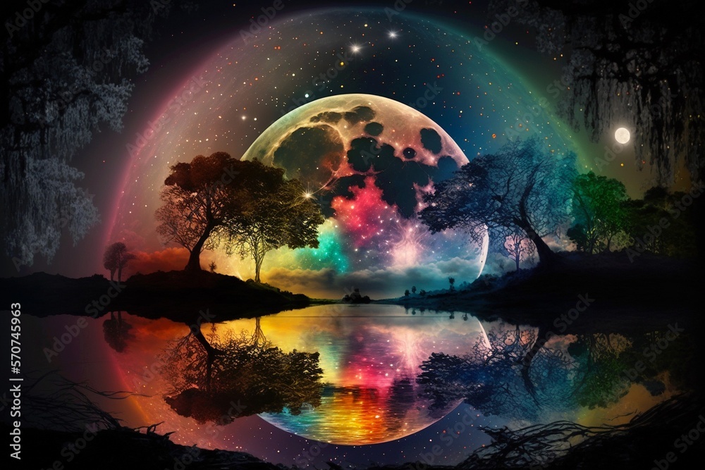Magical night background with full moon, beautiful rainbow at starry ...