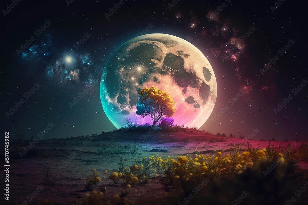 Fairytale night astronomy moonlight landscape. Magical night background ...
