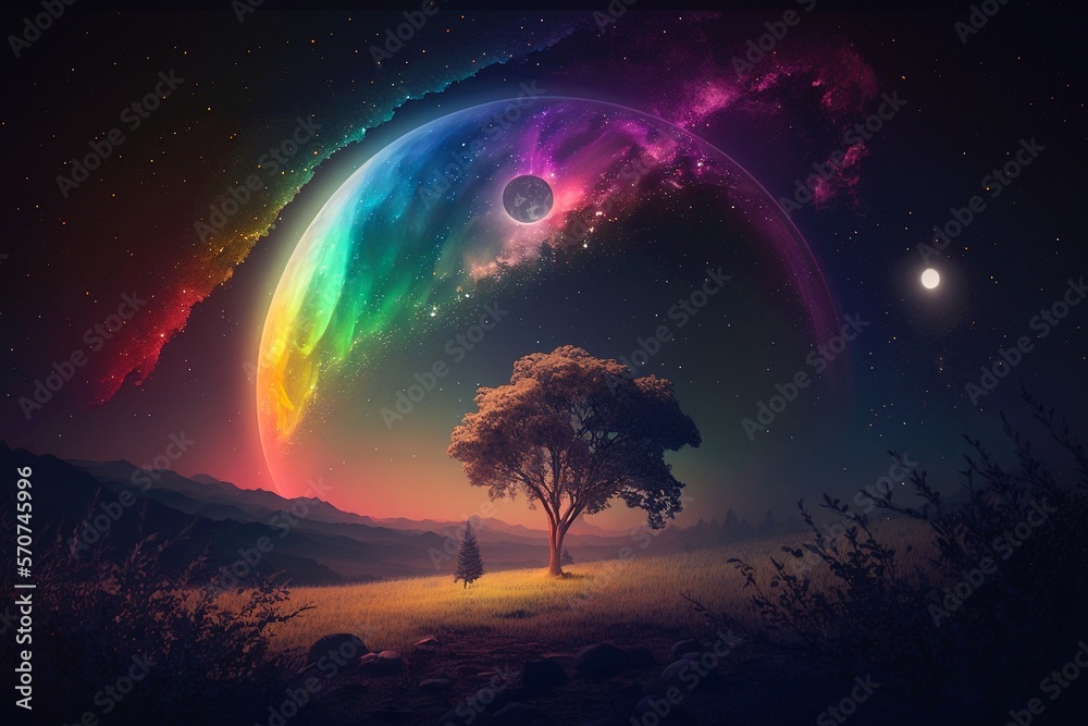 Magical night background with full moon, beautiful rainbow at starry ...