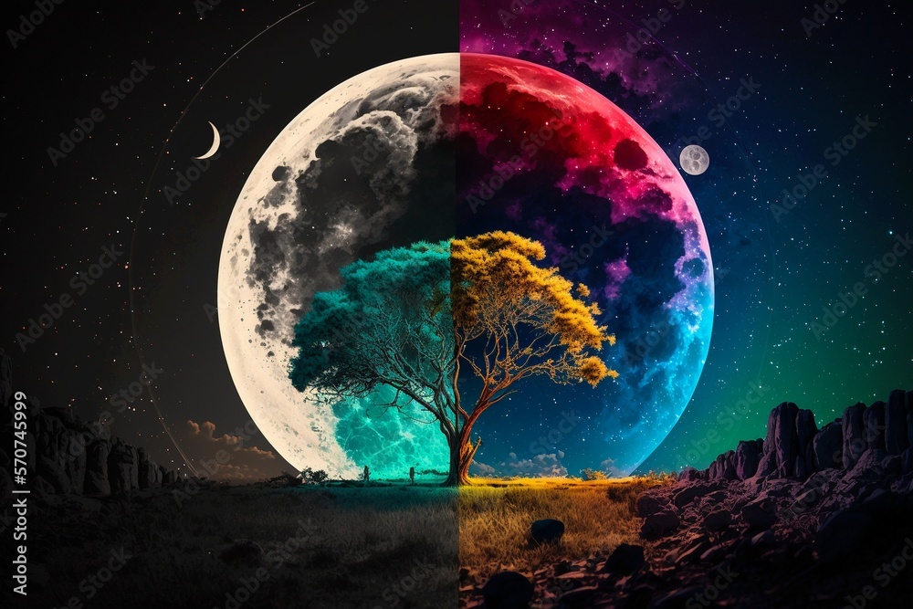 Fairytale night astronomy moonlight landscape. Magical night background ...