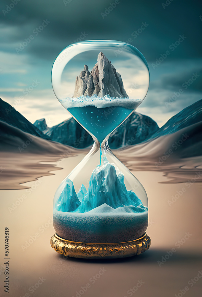 sand glass dripping iceberg melting with desert background, time to ...