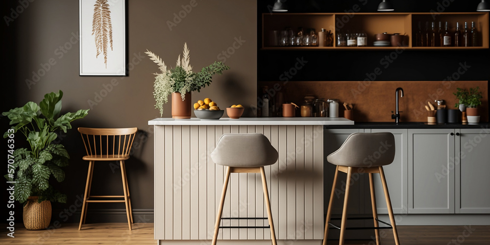 earthy kitchen room interior, simple cookroom counter top, cozy ...