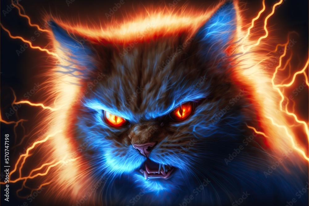 Terrifying cat with a fiery look, on a dark background with red ...