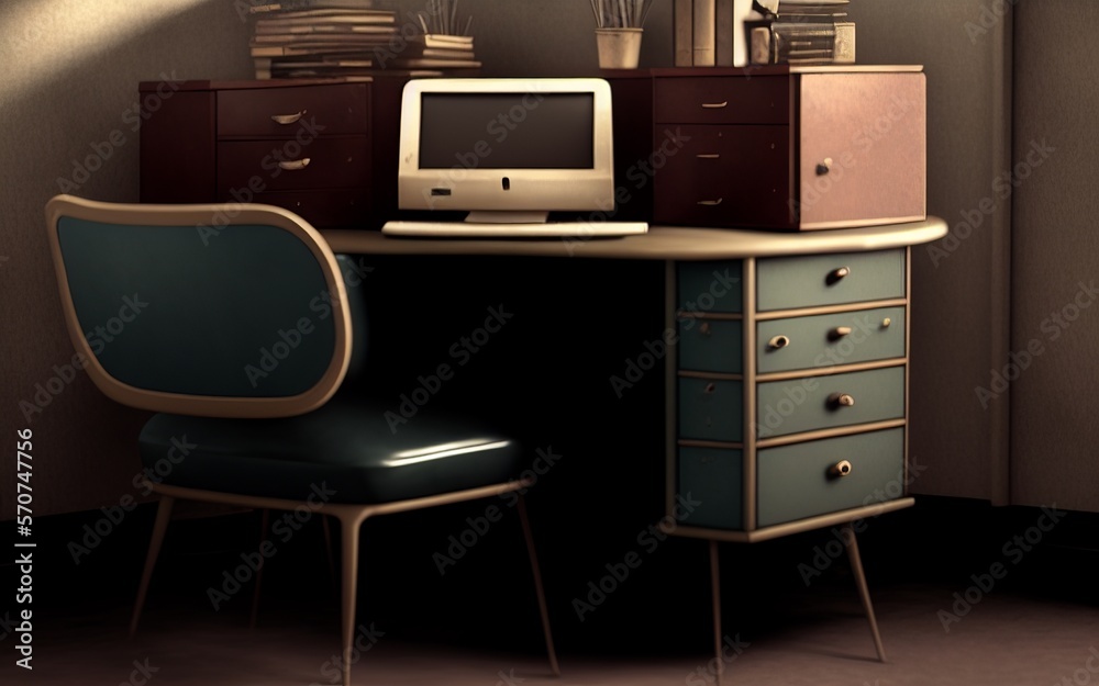 old office in a vintage style, with a green chair and a desk with an ...