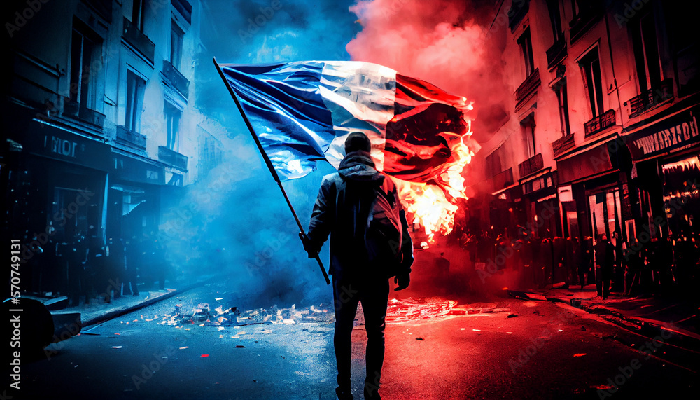 Protests in France. Man with French flag in front of street on fire ...