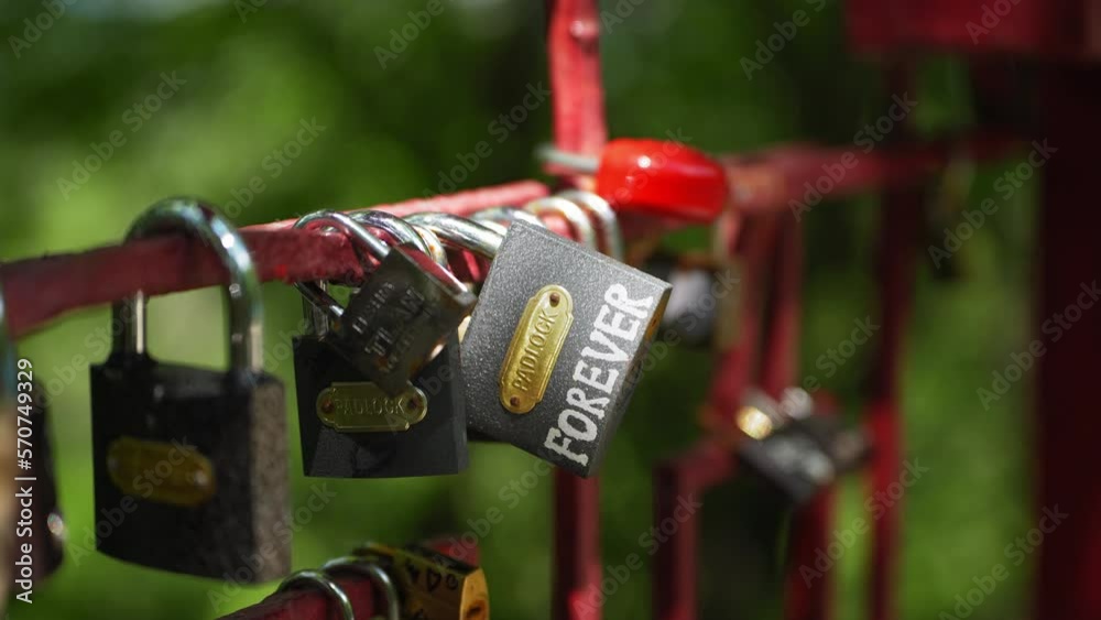Forever. Padlock on the bridge of lovers. Wedding tradition. Romantic ...