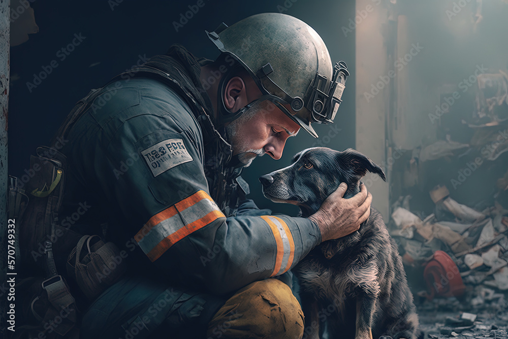 Volunteer firefighter petting his rescue dog tenderly after a hard day ...