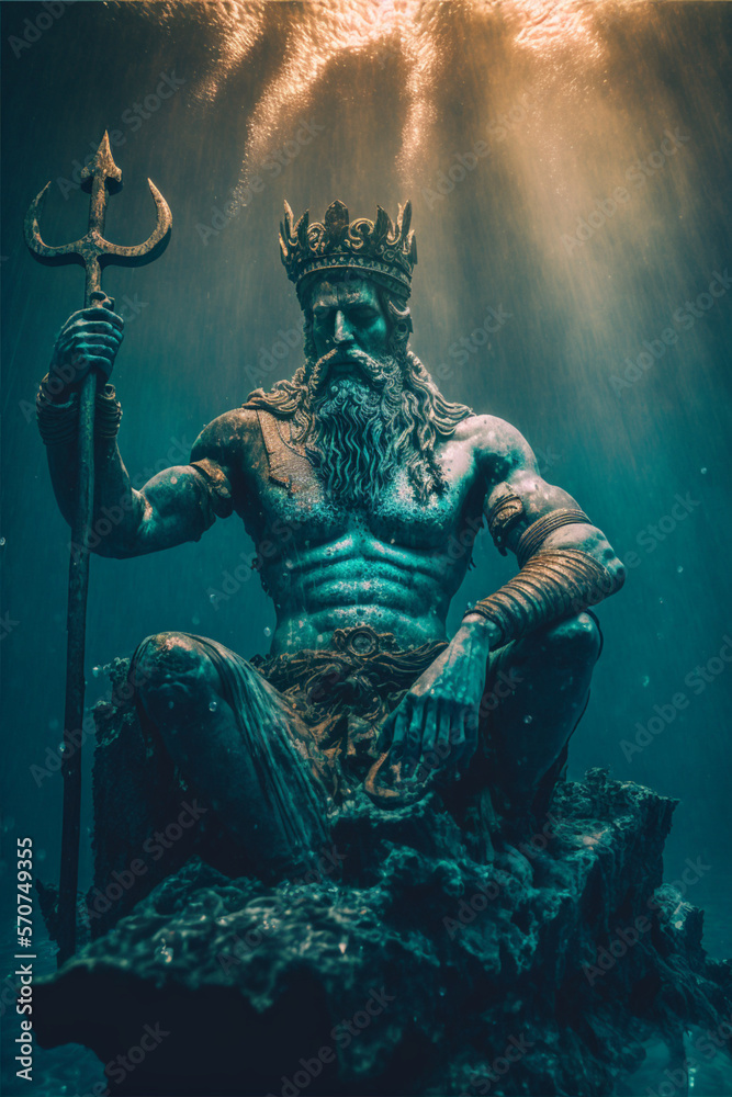 Sunken statue of the god Poseidon, ancient Greek mythology, ai ...
