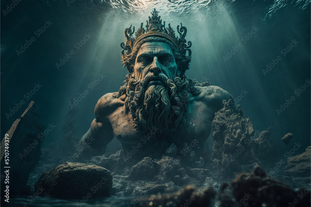 Sunken statue of the god Poseidon, ancient Greek mythology, ai ...