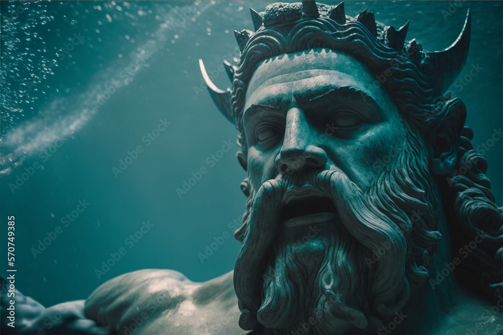 Sunken statue of the god Poseidon, ancient Greek mythology, ai ...