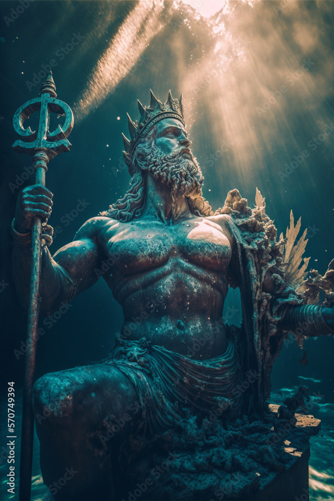 Sunken statue of the god Poseidon, ancient Greek mythology, ai ...