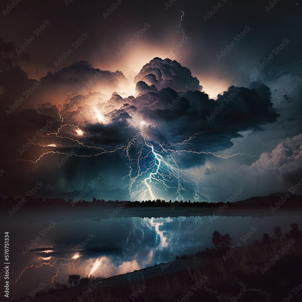 A landscape of dramatic lightning storm with clouds in the sky. AI ...