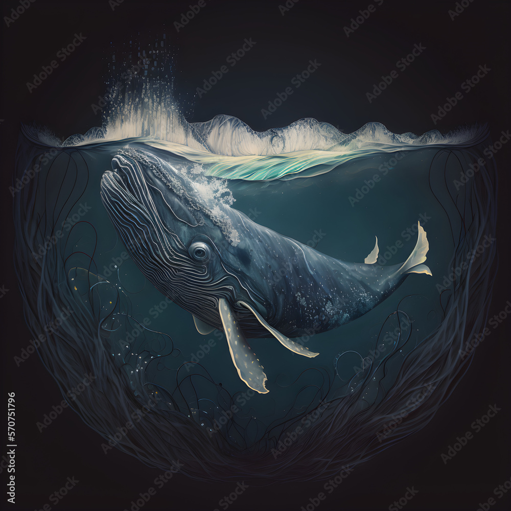 Whale illustration, bottom of the ocean, dark ocean with waves, AI ...