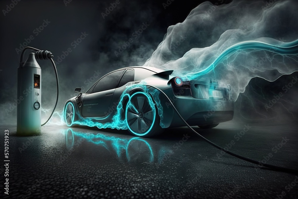 Conceptual illustration of a futuristic car recharging its hydrogen ...
