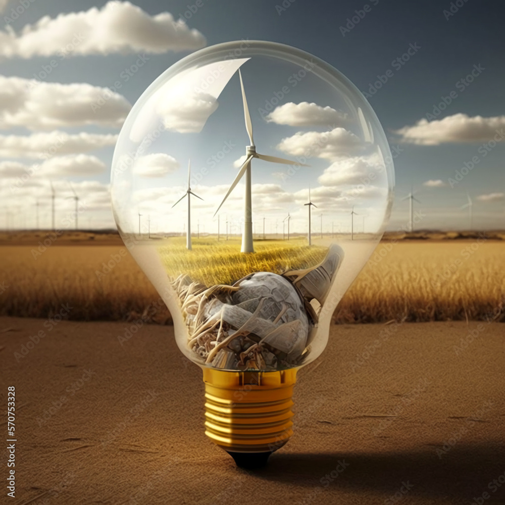 renewable energy inside a lightbulb, wind turbine generative AI Stock ...