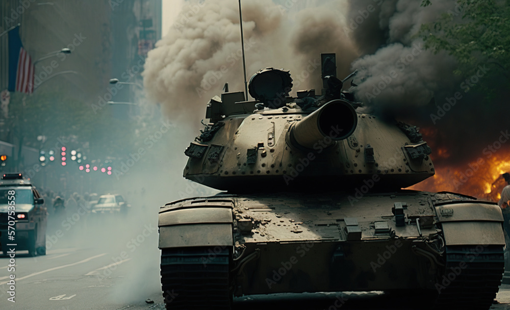 Military Tank shot down during enemy attack in New York City. Soldiers ...