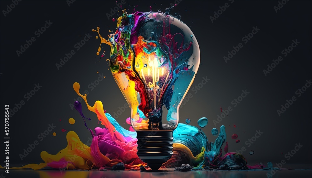 Lightbulb eureka moment with Impactful and inspiring artistic colourful ...